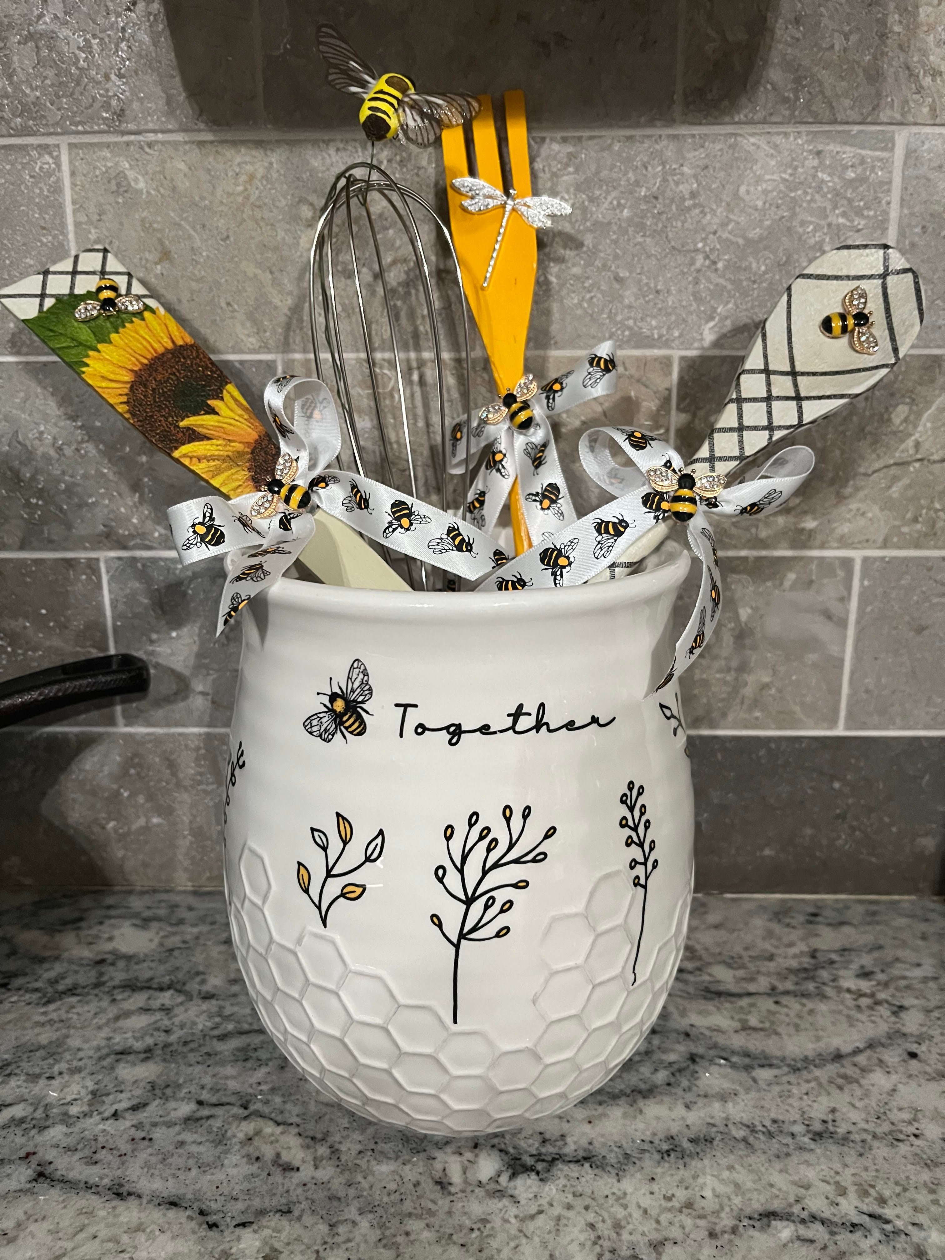 Bee Themed Kitchen Crock with Utensils - Decorative Only ...