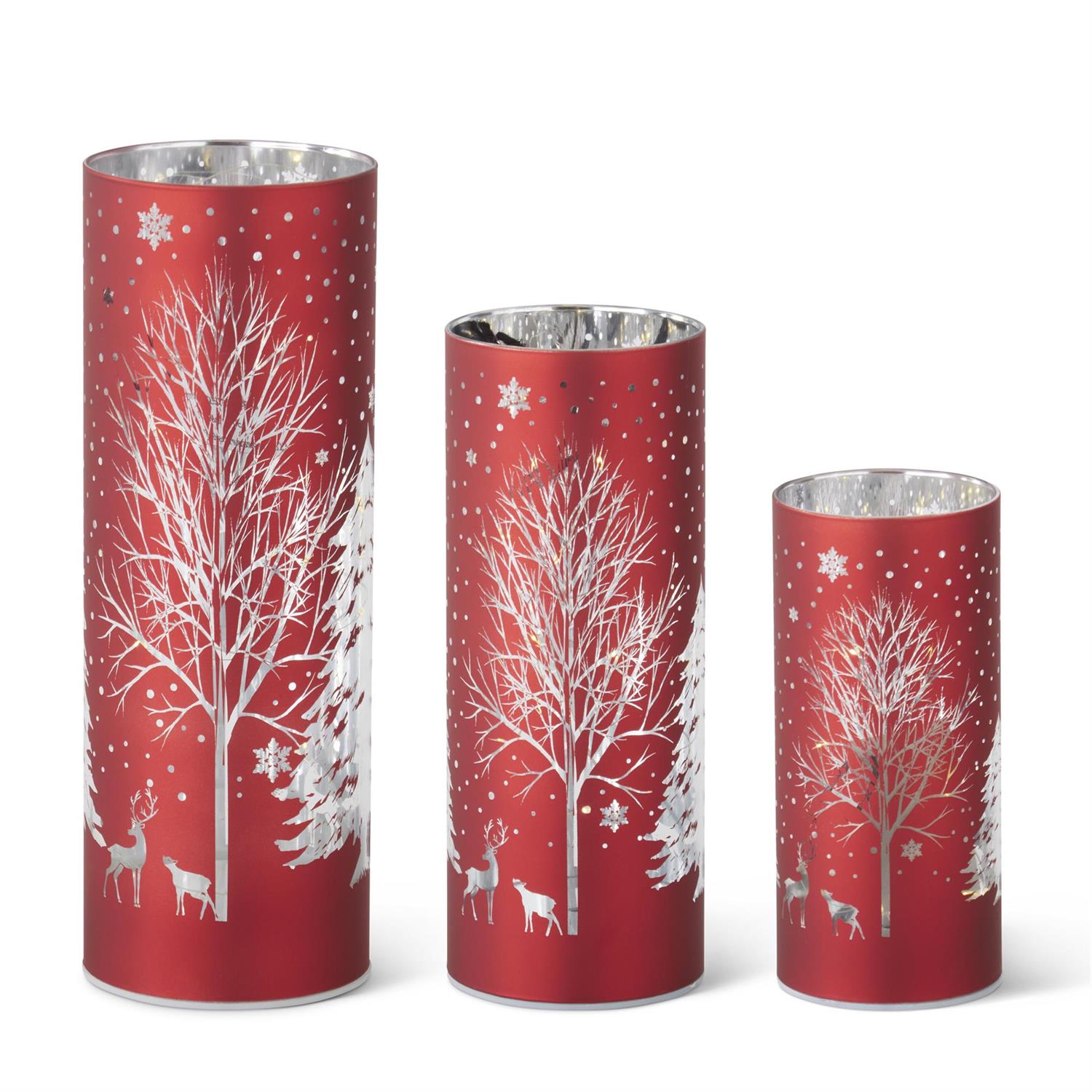 Red Laser Engraved Winter Scene LED Cylinder Lights - Set of 3 ...
